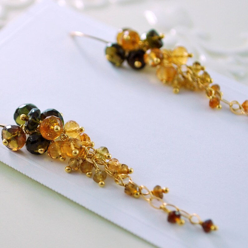 Autumn Wedding Earrings, Genuine Tourmaline Citrine Gemstone, Cluster ...