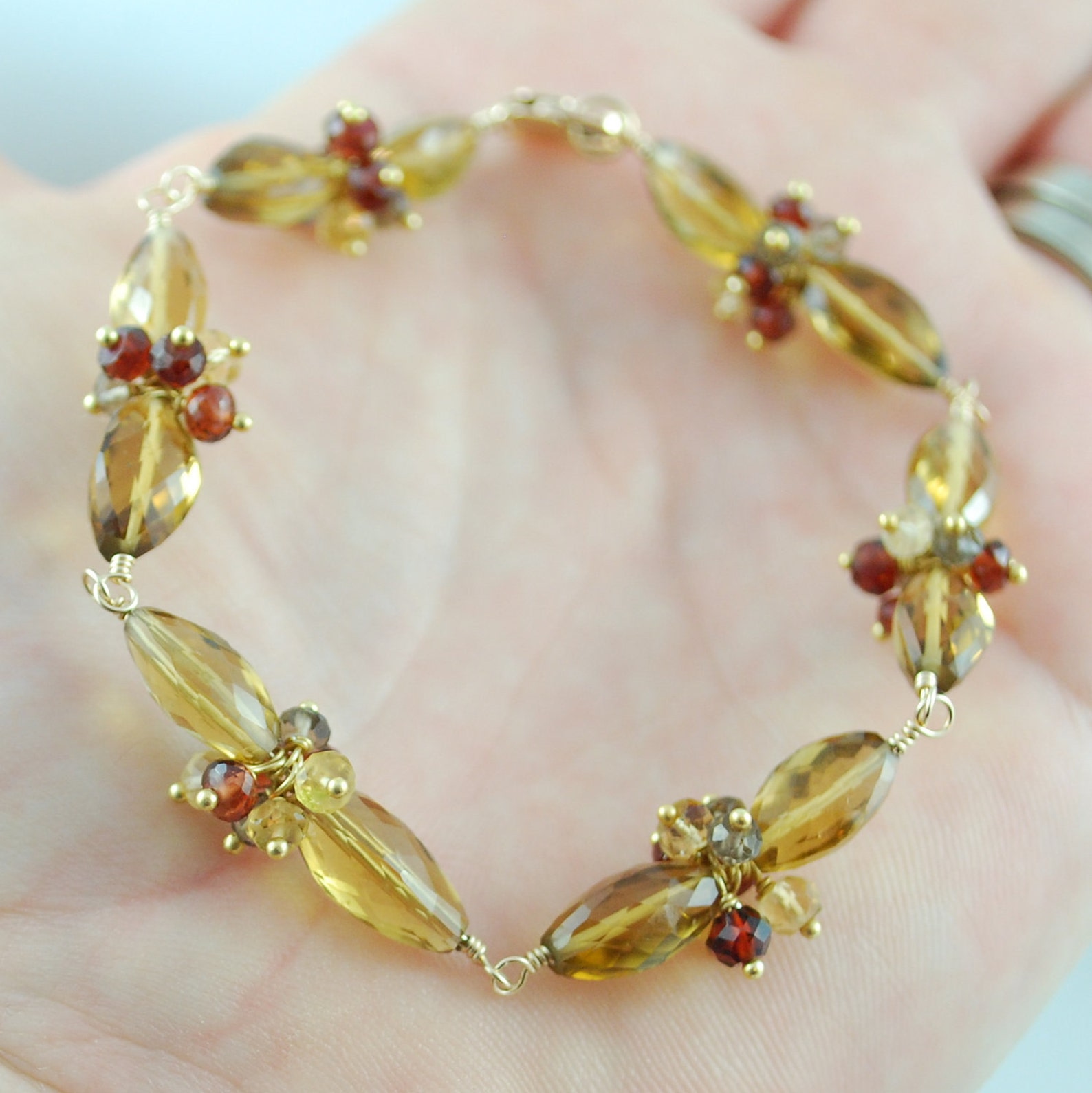 Gemstone Bracelet Fall Wedding Jewelry Cognac Quartz Red Garnet Gold ...