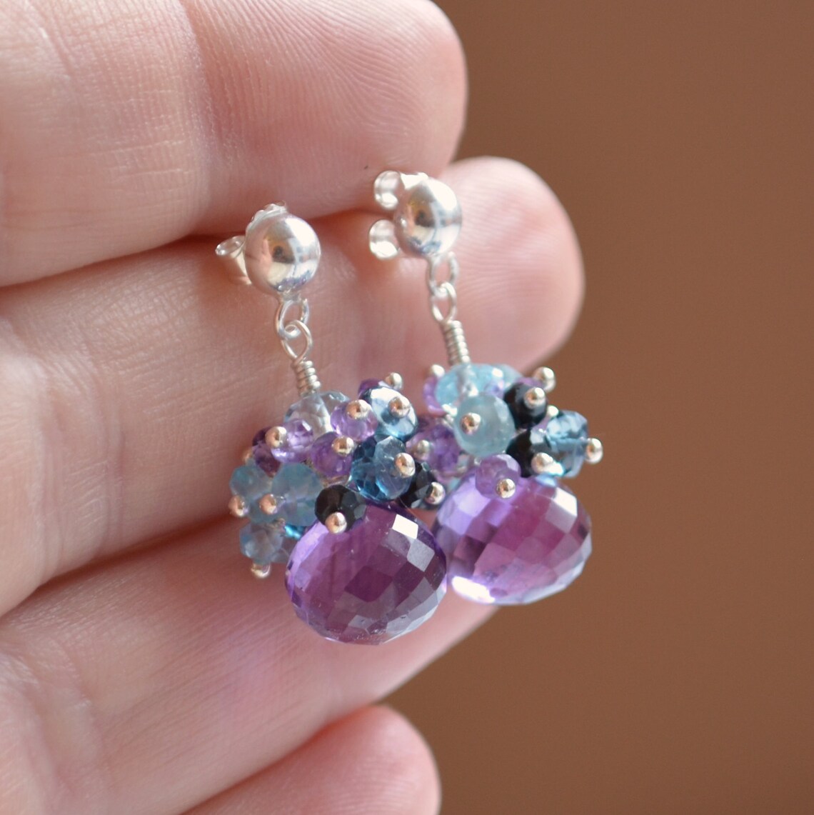 Amethyst Earrings, Peacock Colours, Apatite, London Blue Topaz ...