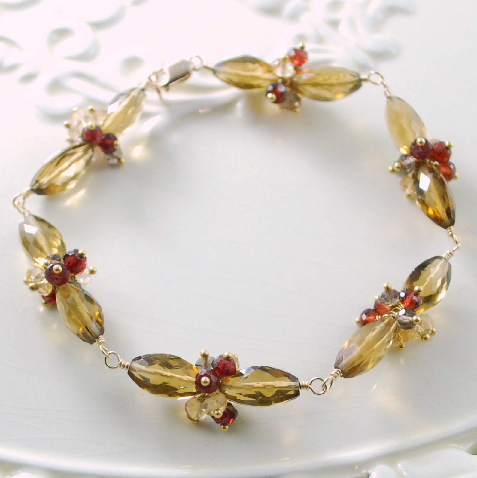 Gemstone Bracelet Fall Wedding Jewelry Cognac Quartz Red Garnet Gold ...