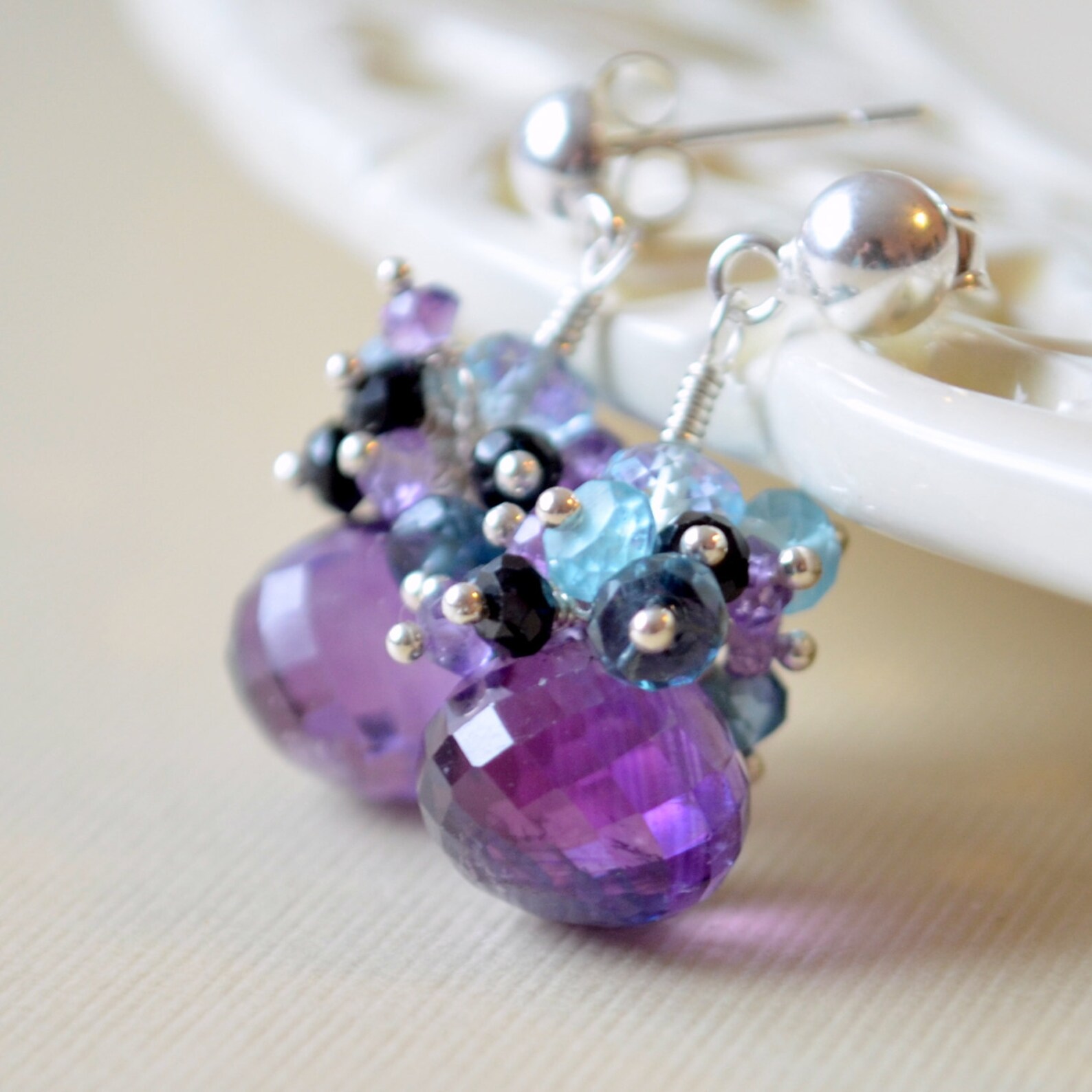 Amethyst Earrings, Peacock Colours, Apatite, London Blue Topaz ...