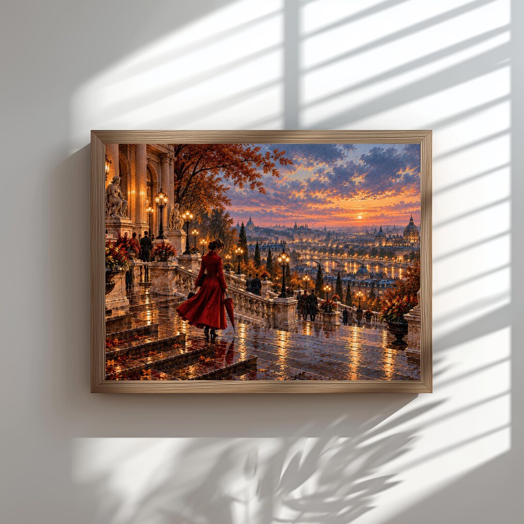 Romantic Woman in Red Dress Wall Art, Paris Sunset Framed Print, Rainy ...