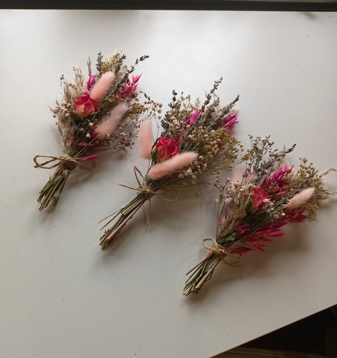 3 Dried Flower Posies, Bunches, Pink Roses, Bunny Tails, Lavender ...