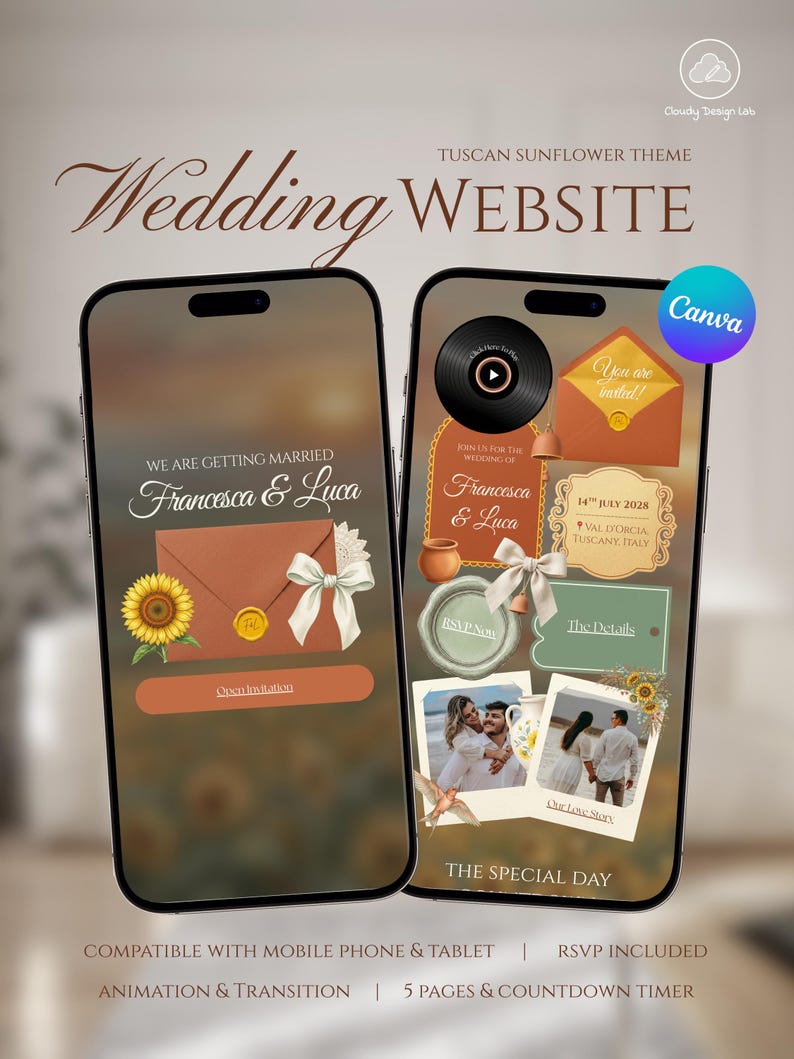 Tuscan Sunflower Fields Wedding Website Template | Italian Canva ...