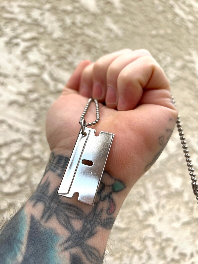 Silver Razor Blade Necklace on Vintage Ball Chain Jewelry for | Etsy