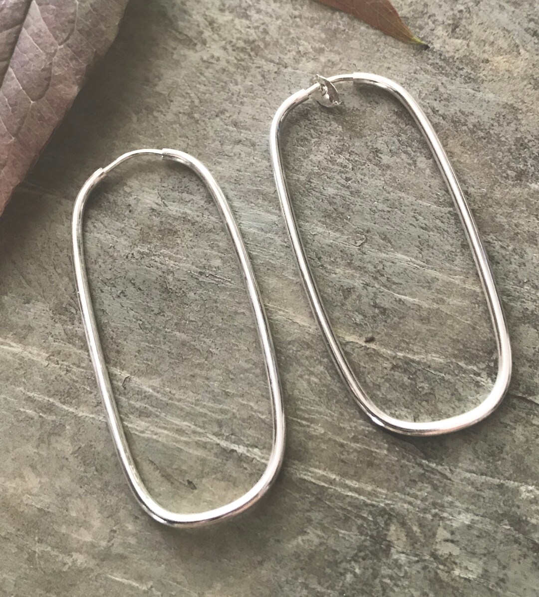 Long Large Rectangle Hoop Earrings in Sterling Silver - Etsy