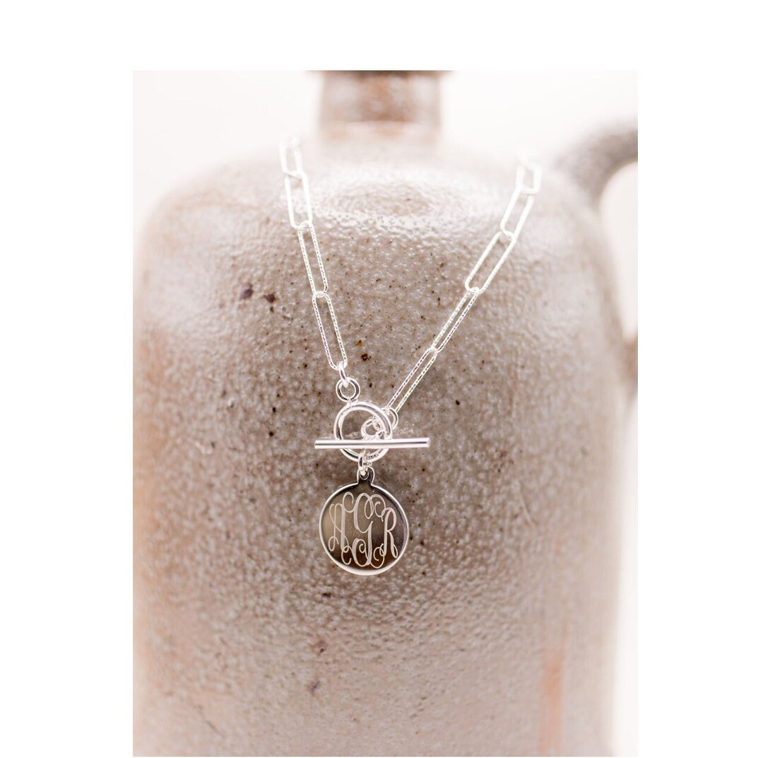 Sterling Silver Diamond Cut Paper Clip Necklace With Monogram Pendant ...