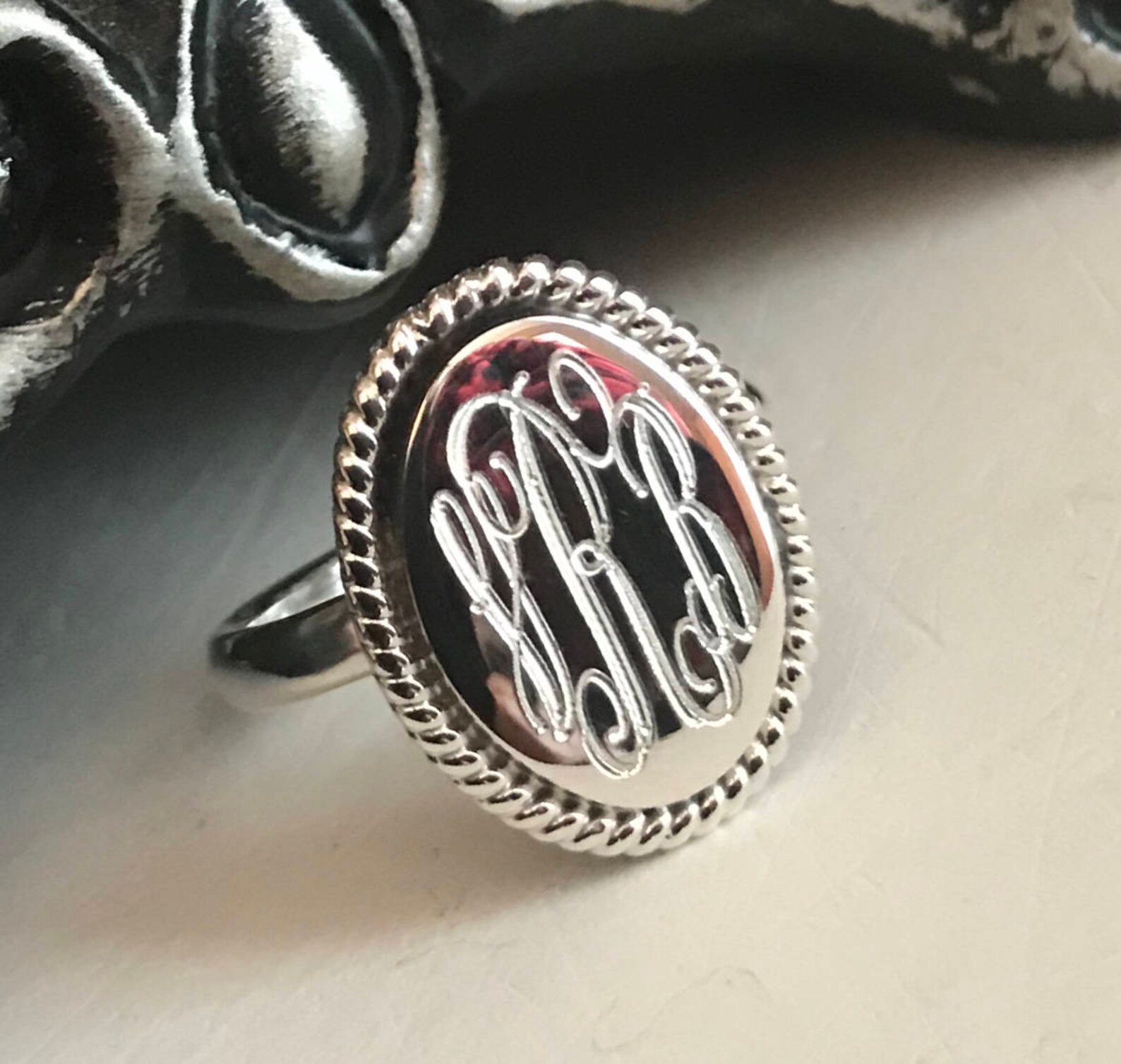 Sterling Silver Monogrammed Ring Oval With Rope Accent - Etsy