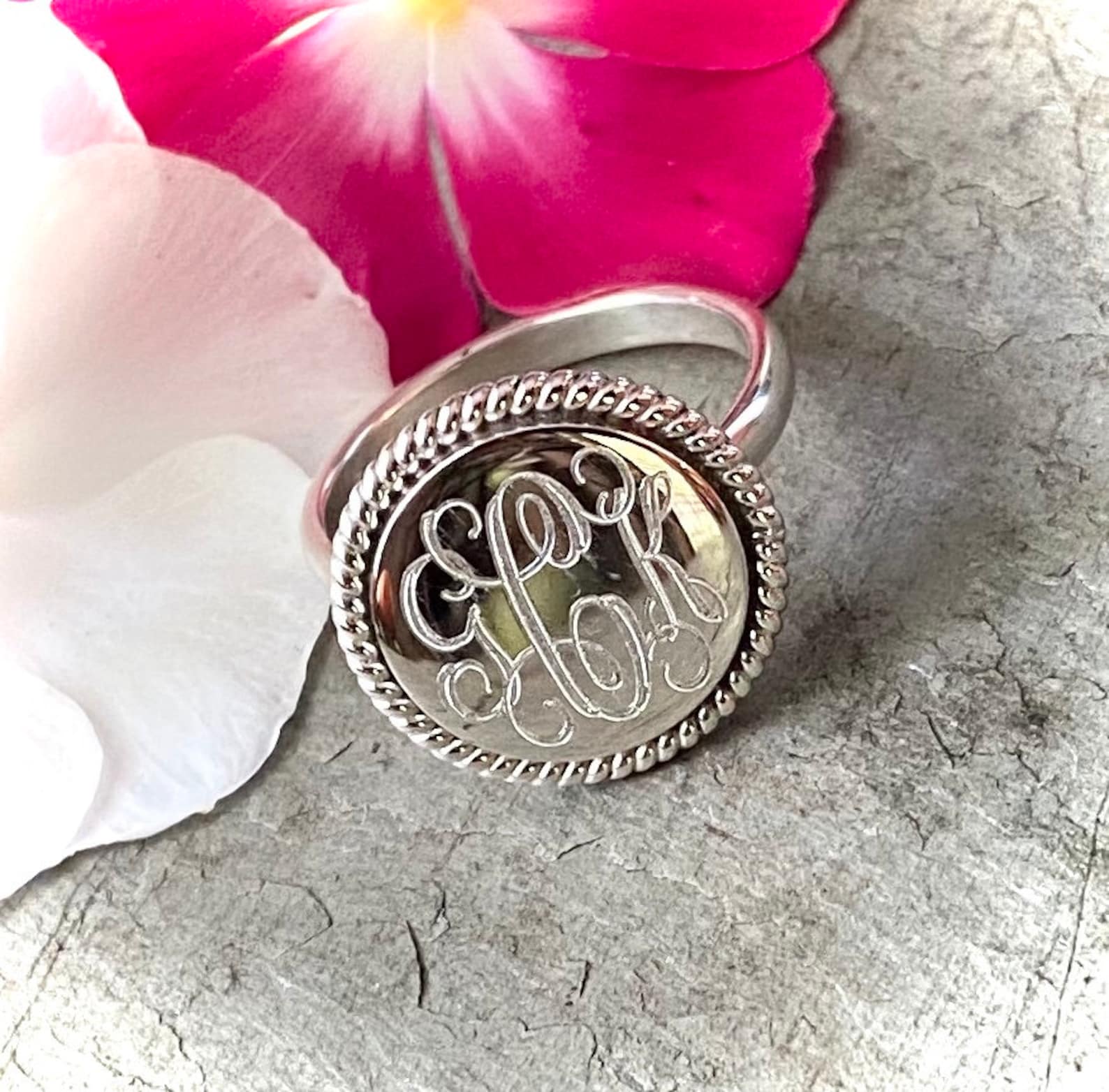 Sterling Silver Monogrammed Ring Round With Rope Edge - Etsy