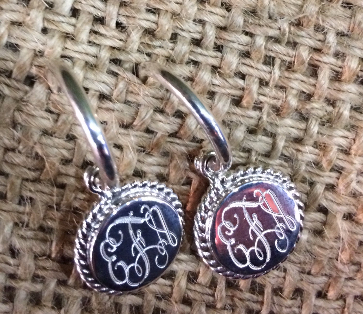 Sterling Silver Monogrammed Hoop Earrings with Rope Edge