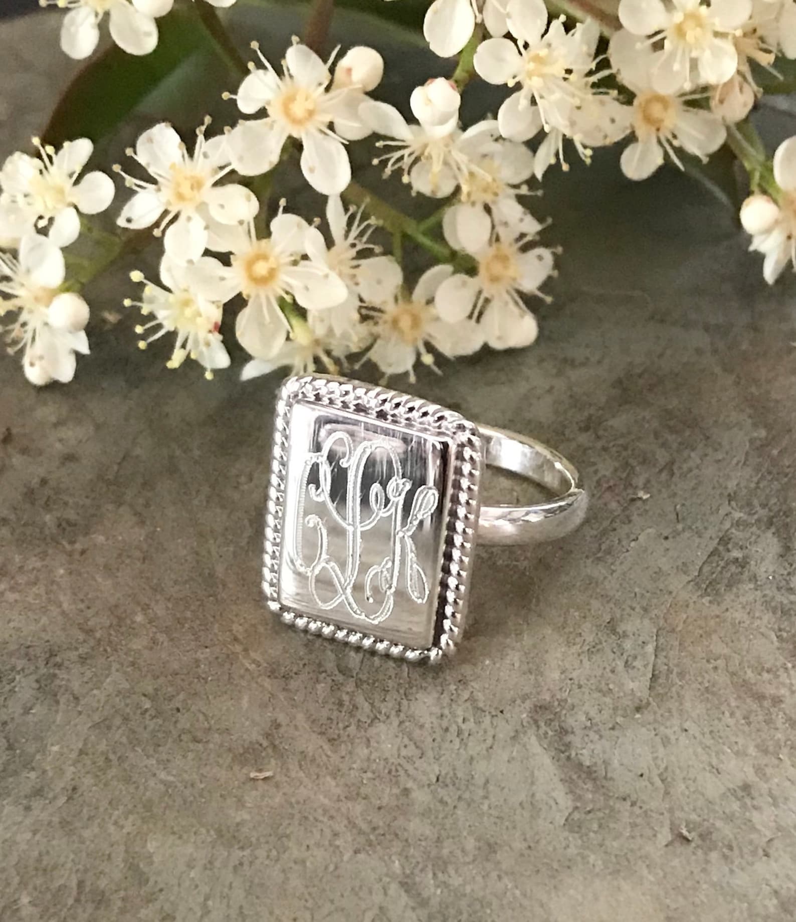Sterling Silver Monogrammed Ring Rectangle With Rope Edge | Etsy