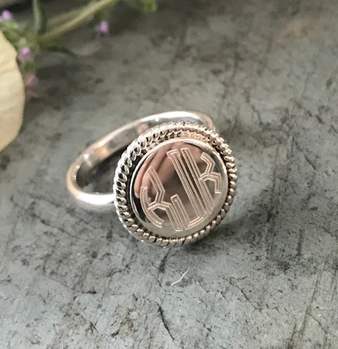 Sterling Silver Monogrammed Ring Round With Rope Edge - Etsy