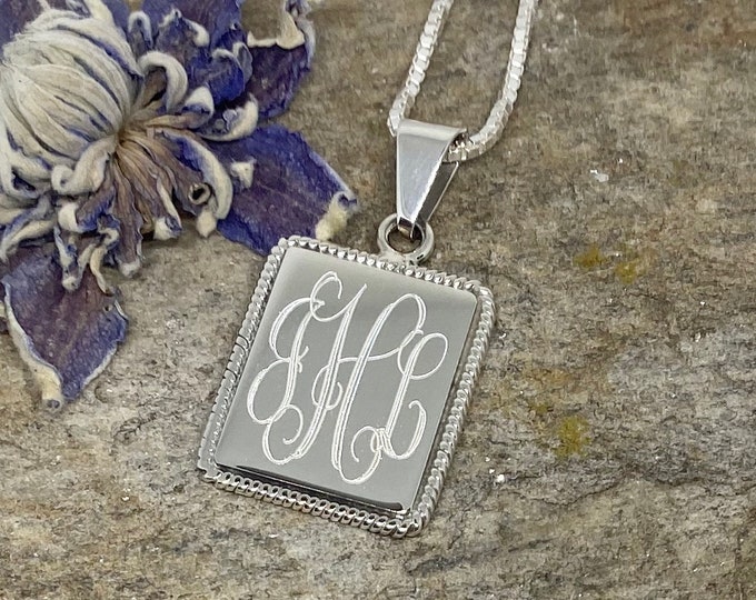 Sterling Silver Rectangle With Rope Edge Monogram Necklace or Pendant ...
