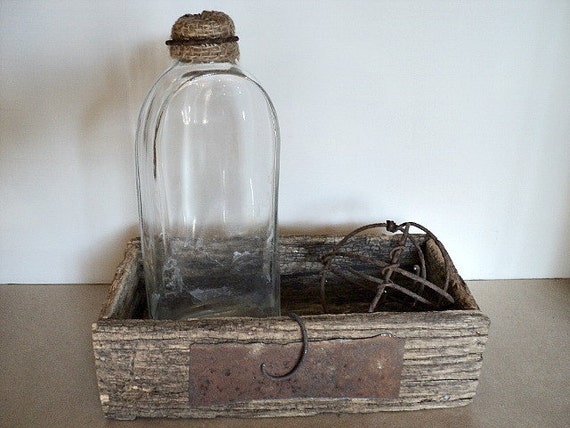 Items similar to Rustic Box, Vintage Bottle and Decorative Orb Vignette ...