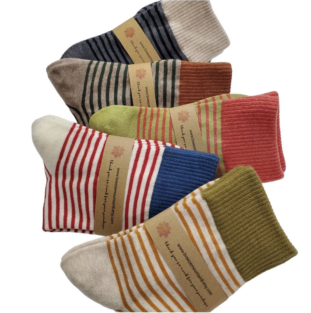 Cute Stripe Pattern Socks/ Retro Stripe Pattern Lightweight Crew Socks ...