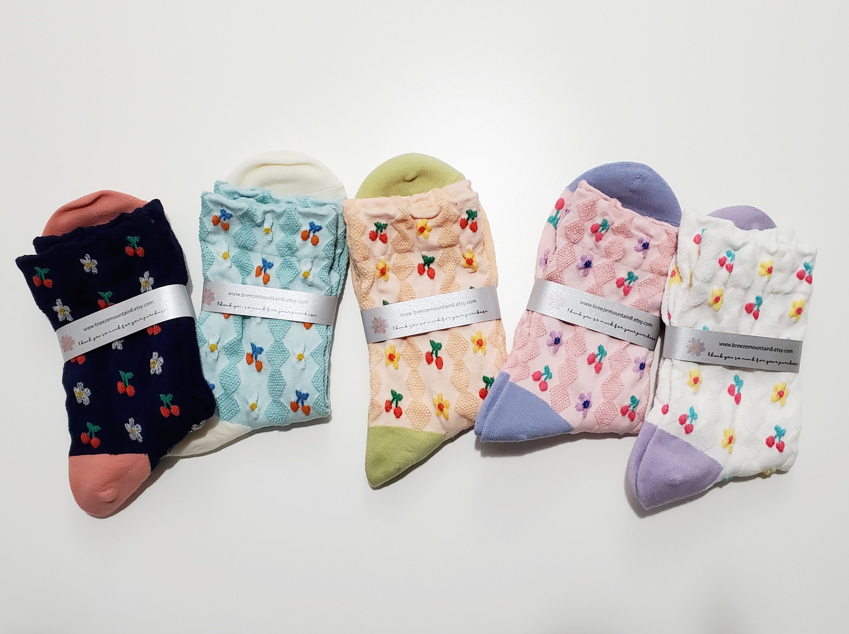 Floral Cute Pattern Socks | Lightweight Crew Socks | Cute Cherry and ...