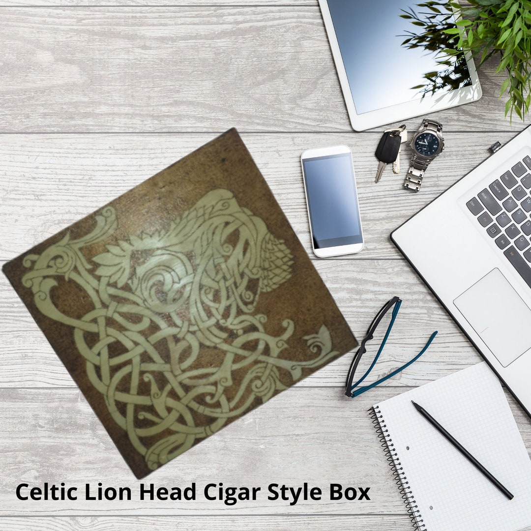 Viking Stash Box Celtic Lion Hand Burned Wood Keepsake Box Cigar Style ...