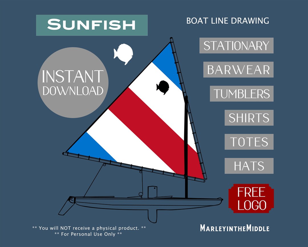 Sunfish Dinghy Race Sailboat Artwork Digital Download, Boat Line Drawing Sketch Art Custom Image ...