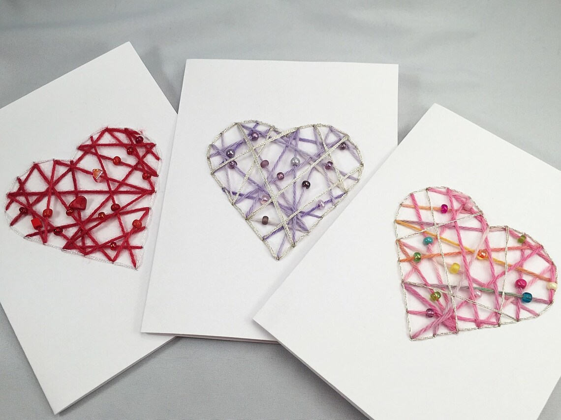 Valentine's Cards, Hand Stitched Cards, Hearts, Beaded Cards, Beaded ...