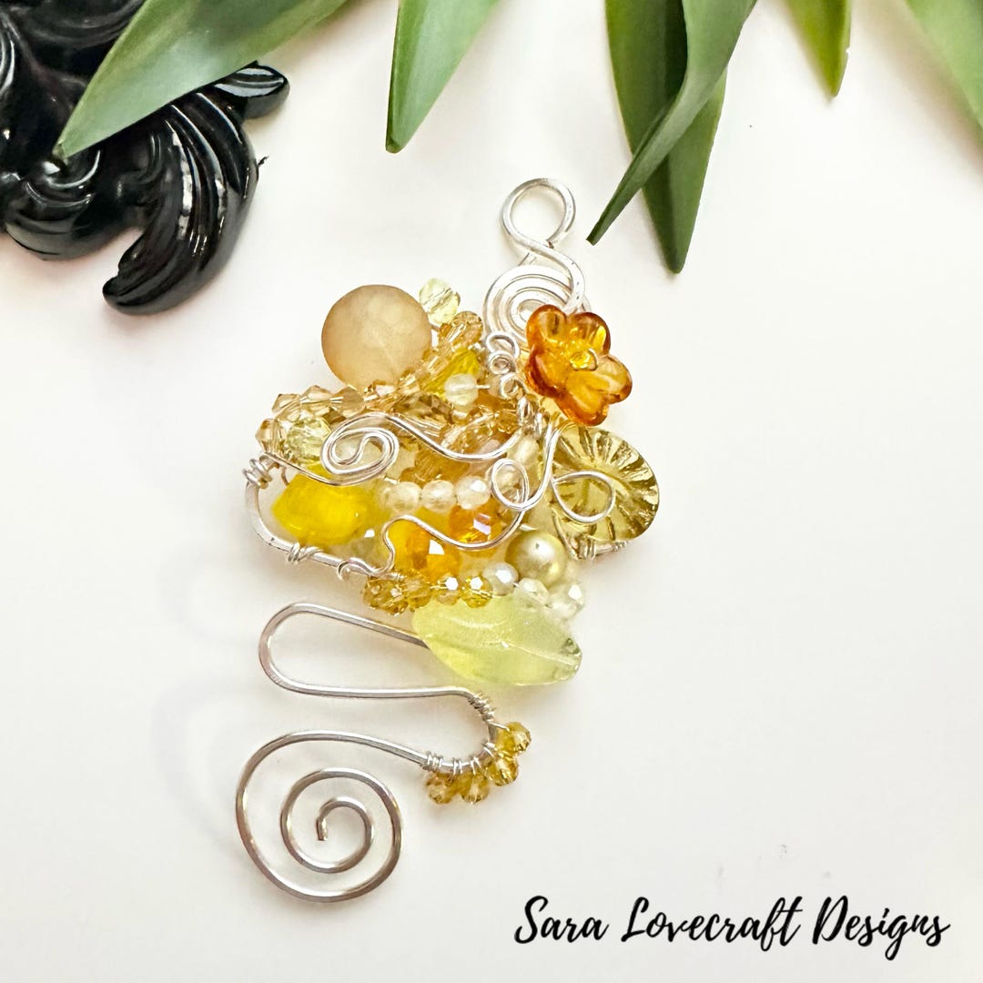 Wearable Art - Large Freeform Wire and Bead Handmade Pendant, Yellow - Etsy
