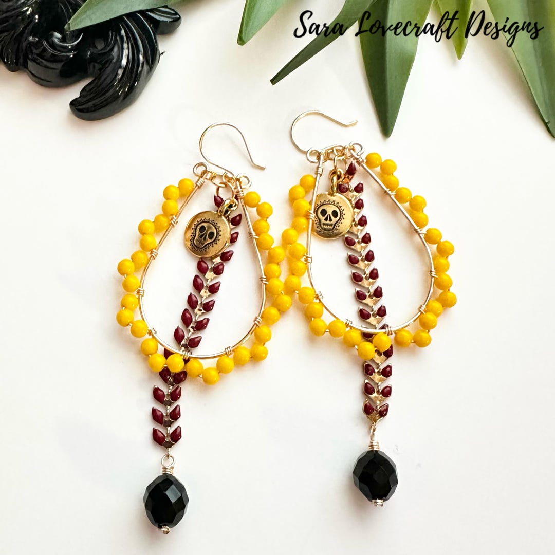 Yellow Day of the Dead Wire Teardrop Earrings With Tierracast Skull ...