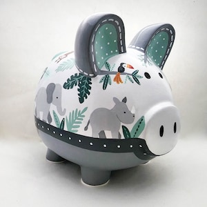 Jungle Personalized Piggy Bank in Grey, Green and Mustard Yellow | Baby ...