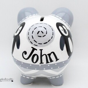 Penguin Personalized Piggy Bank in Black, White and Grey - Etsy