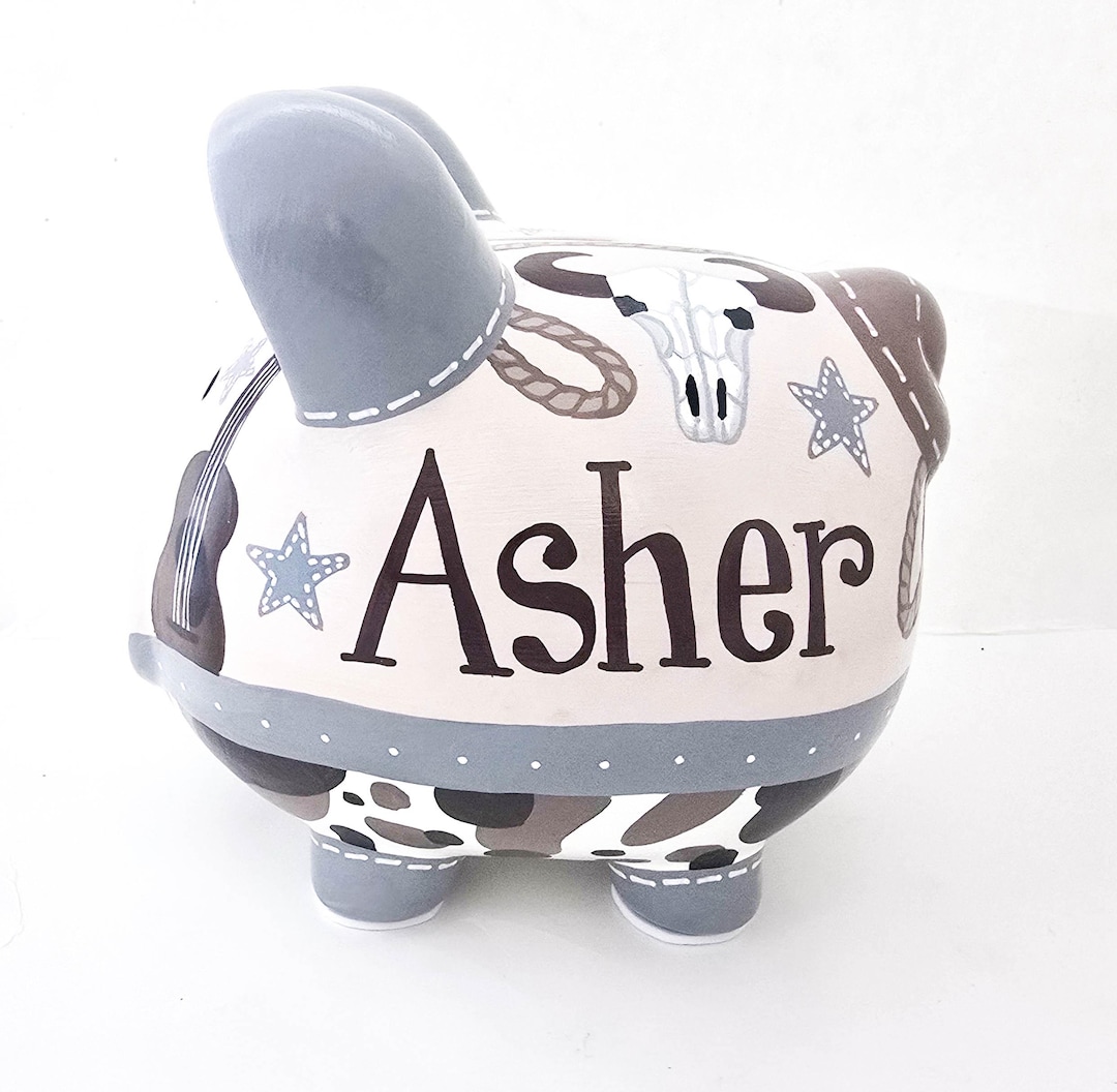Cowboy, Country Western Personalized Piggy Bank With Cow Print, Guitar ...