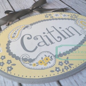 Paisley Nursery Name Sign - Kids Door Plaque - 6x10" - Yellow and Grey ...