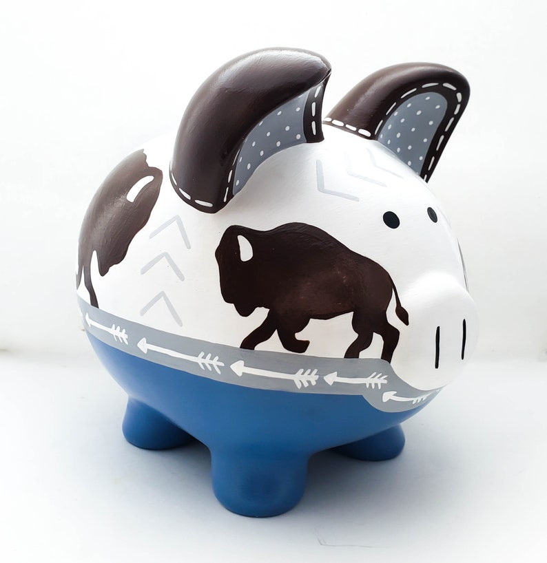 Buffalo Bison Silhouette Personalized Piggy Bank in Blue, Brown and ...