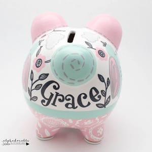 Whimsical Floral Birds Personalized Piggy Bank in Peach, Mint and ...