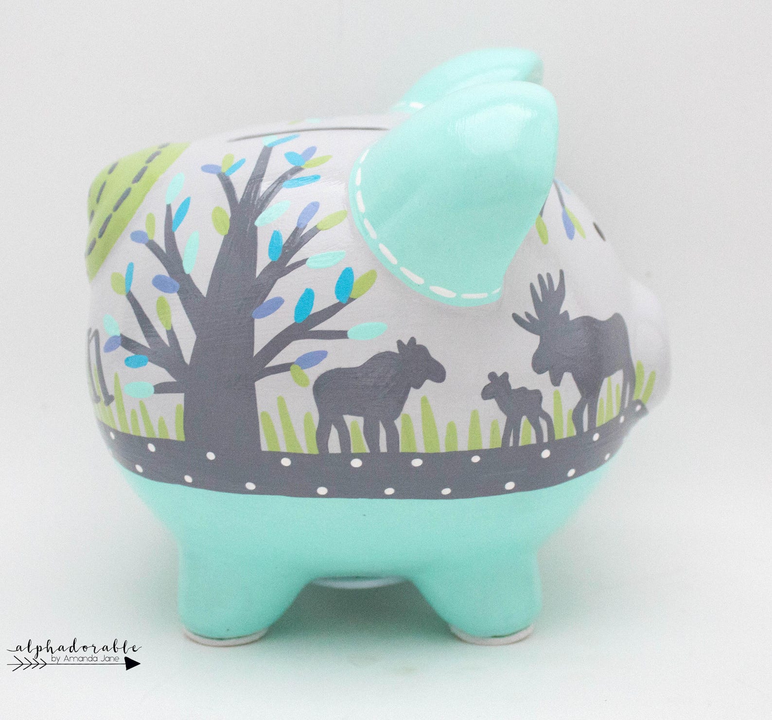 Personalized Moose Piggy Bank Turquoise Grey and Green Forest | Etsy