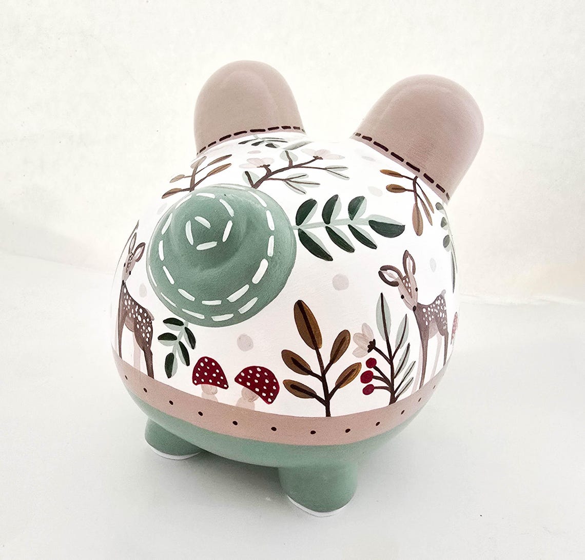 Woodland Deer Personalized Piggy Bank With Mushrooms | Sage Green and ...