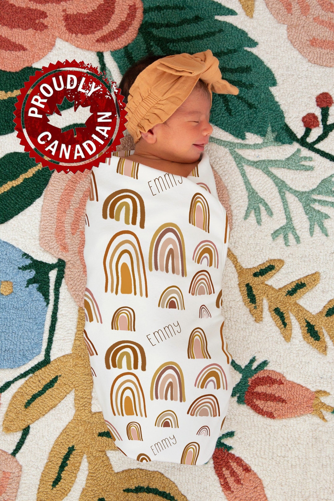 Personalized Boho Rainbow Baby Swaddle Blanket Set, Rust Mustard Cream ...