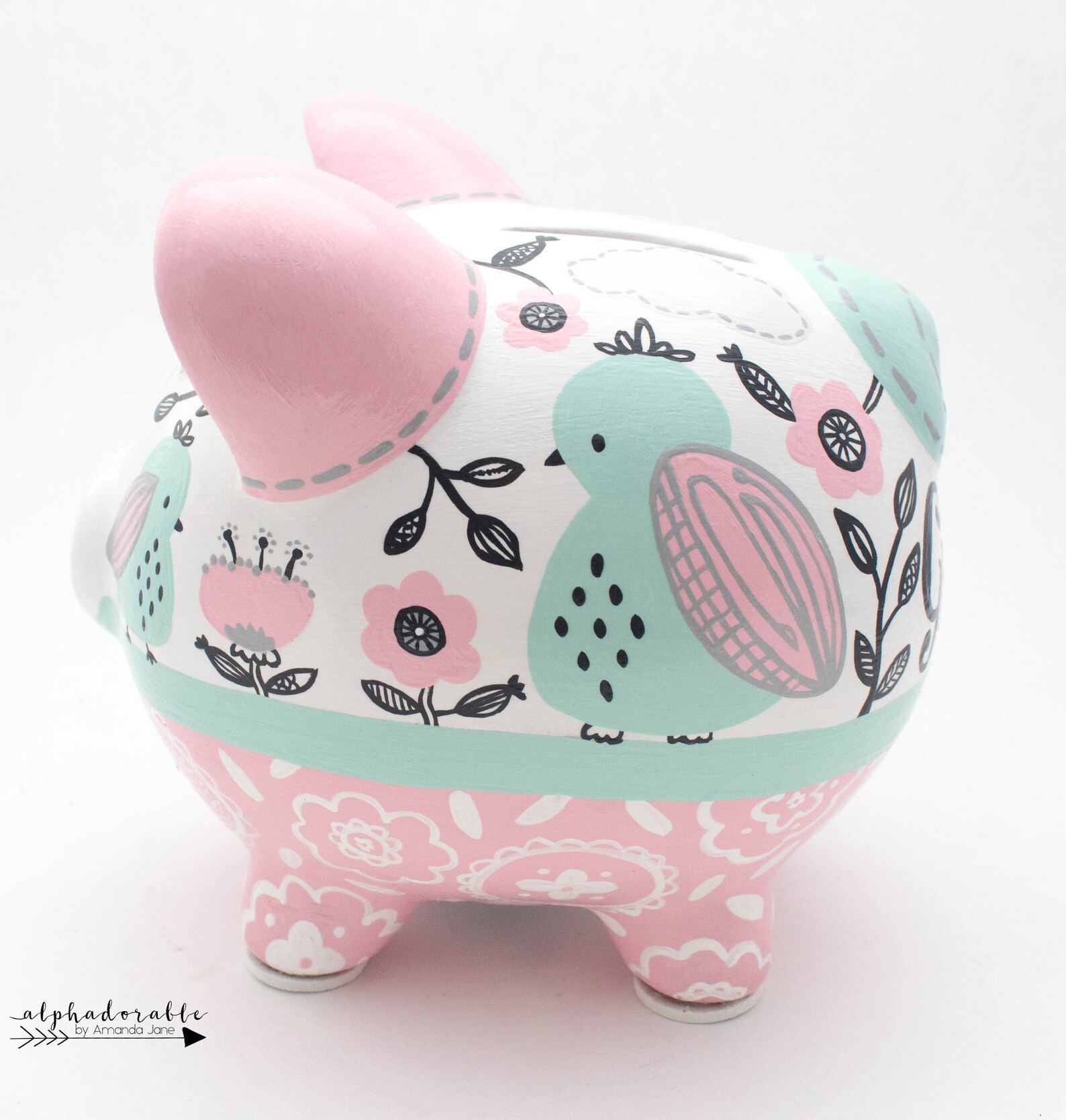 Whimsical Floral Birds Personalized Piggy Bank in Peach, Mint and ...