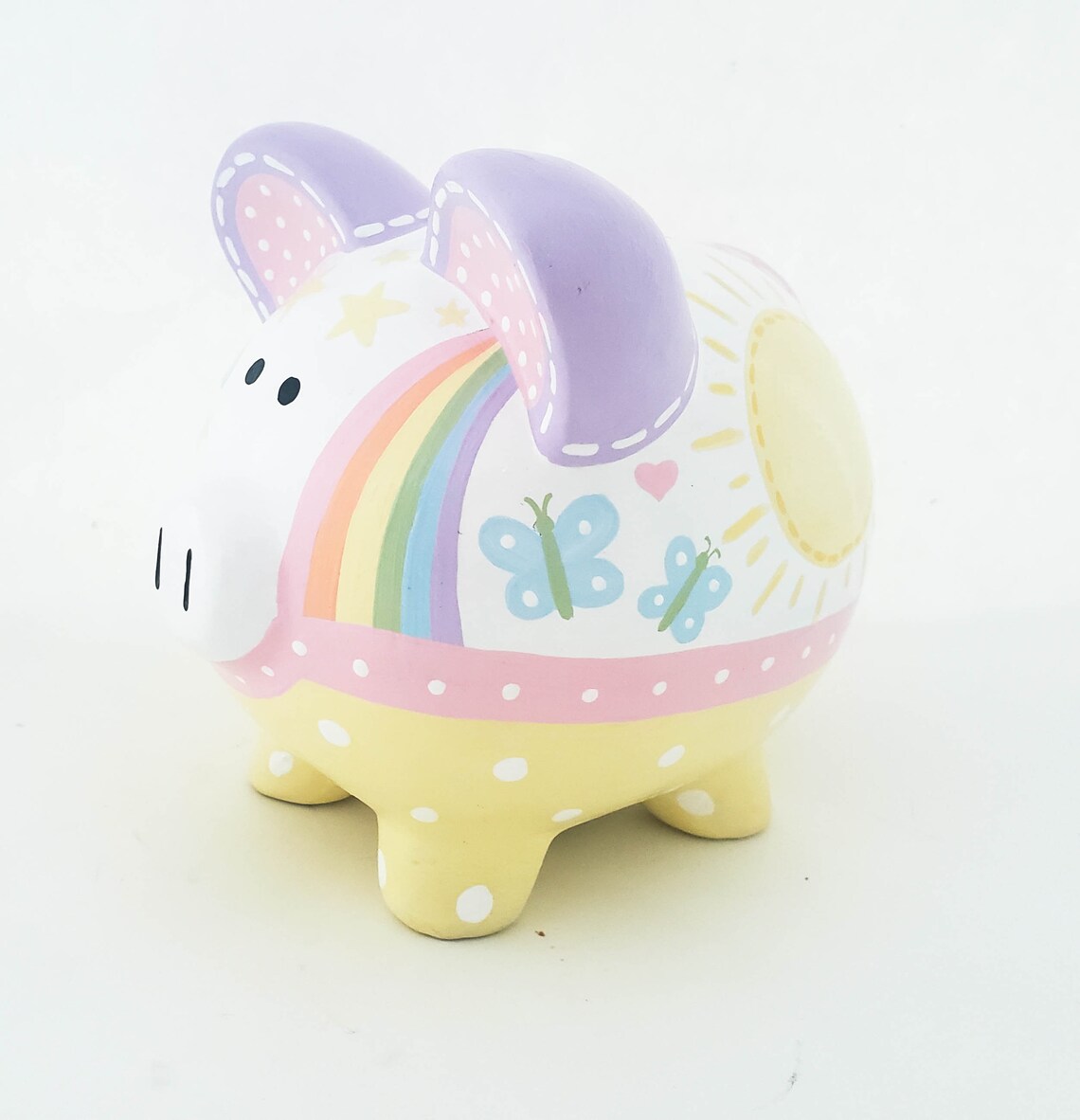 Rainbow Sun and Moon Personalized Piggy Bank in Yellow, Lavender and ...