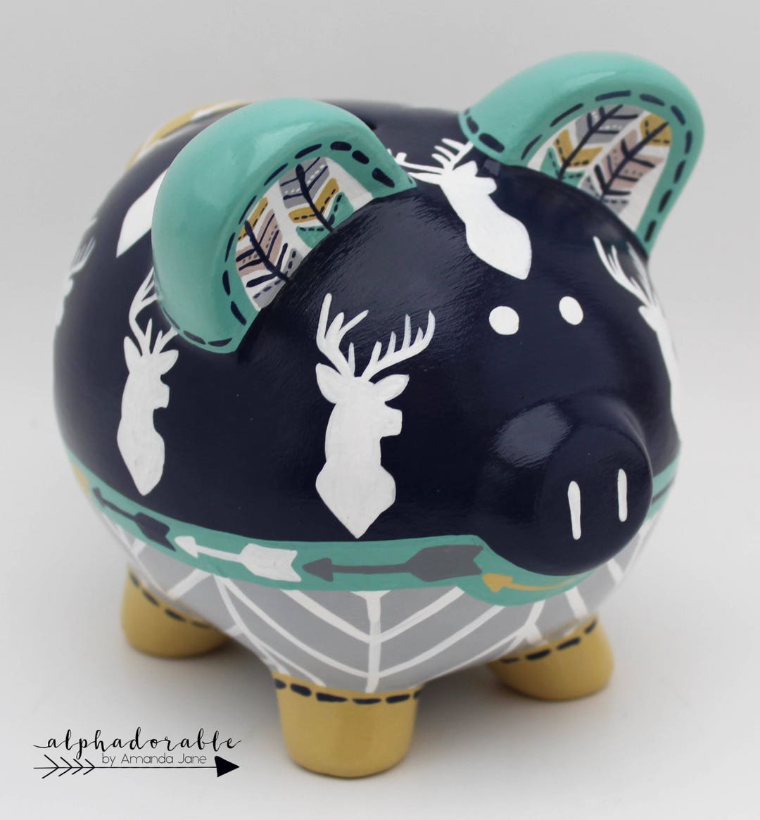 Hand Painted Deer Piggy Bank, Rustic Nursery Decor, Personalized Gift ...