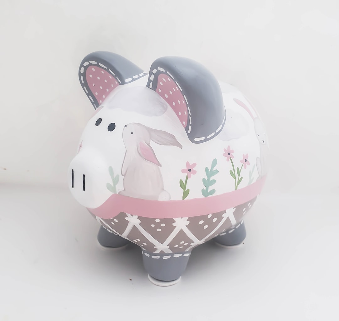 Bunny Rabbit Personalized Piggy Bank in Blush Pink, Tan and Grey - Etsy