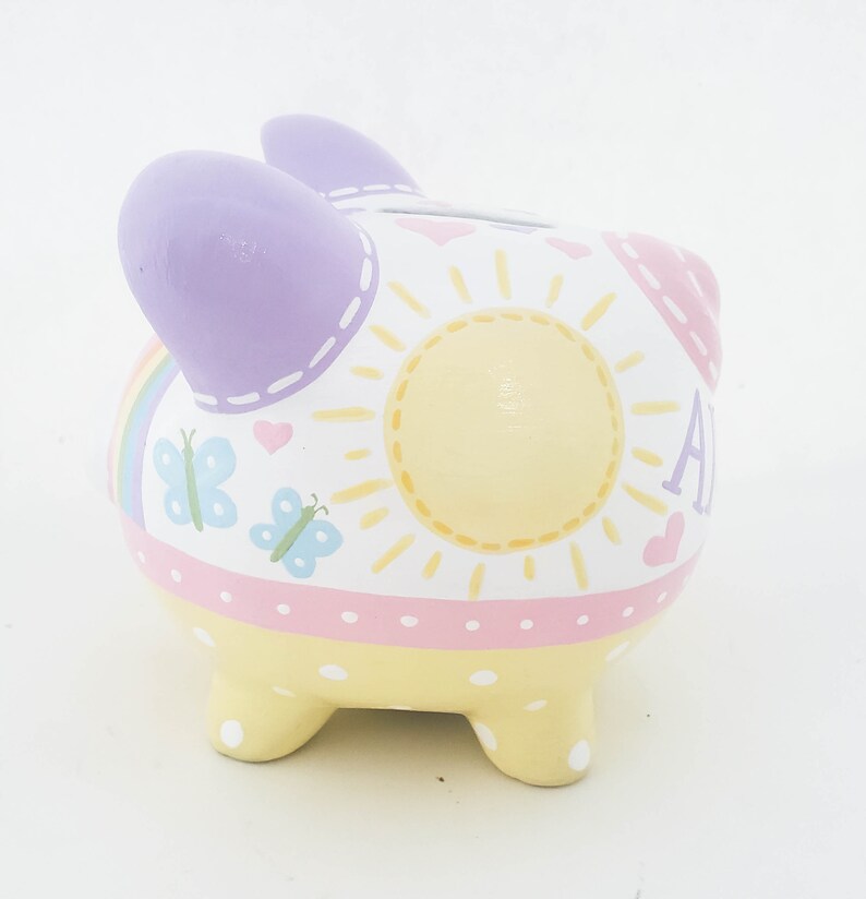 Rainbow Sun and Moon Personalized Piggy Bank in Yellow, Lavender and ...