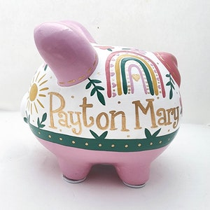 Boho Rainbow Sunshine Personalized Piggy Bank With Flowers in Pink ...