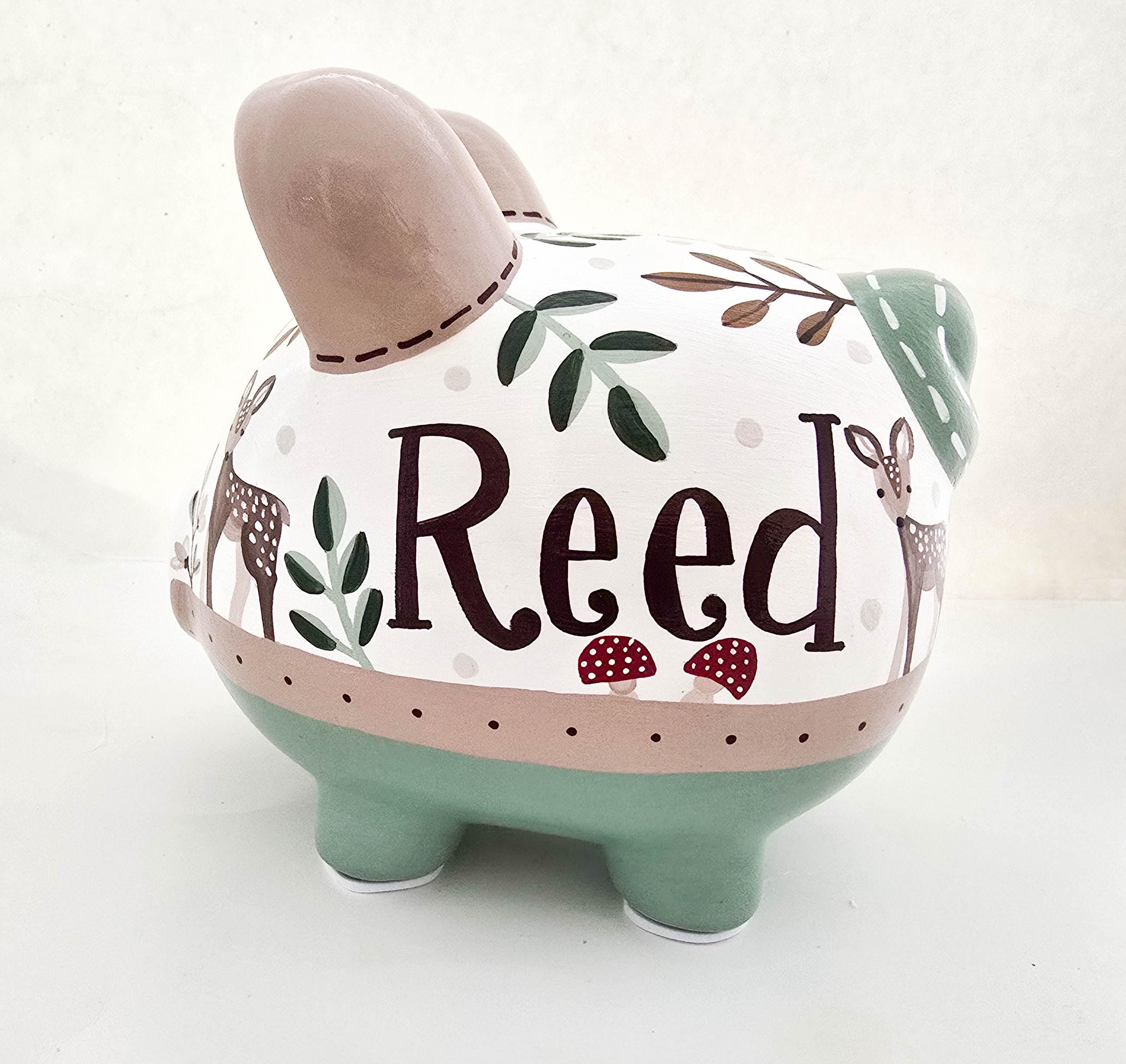 Woodland Deer Personalized Piggy Bank With Mushrooms | Sage Green and ...