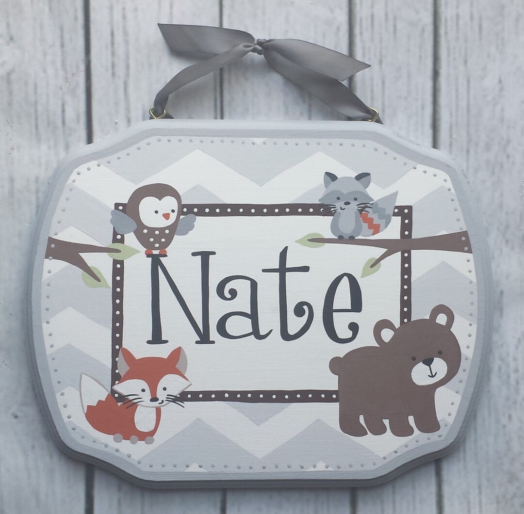 Forest Friends Chevron Nursery Name Sign - Kids Door Plaque - 9x12 ...