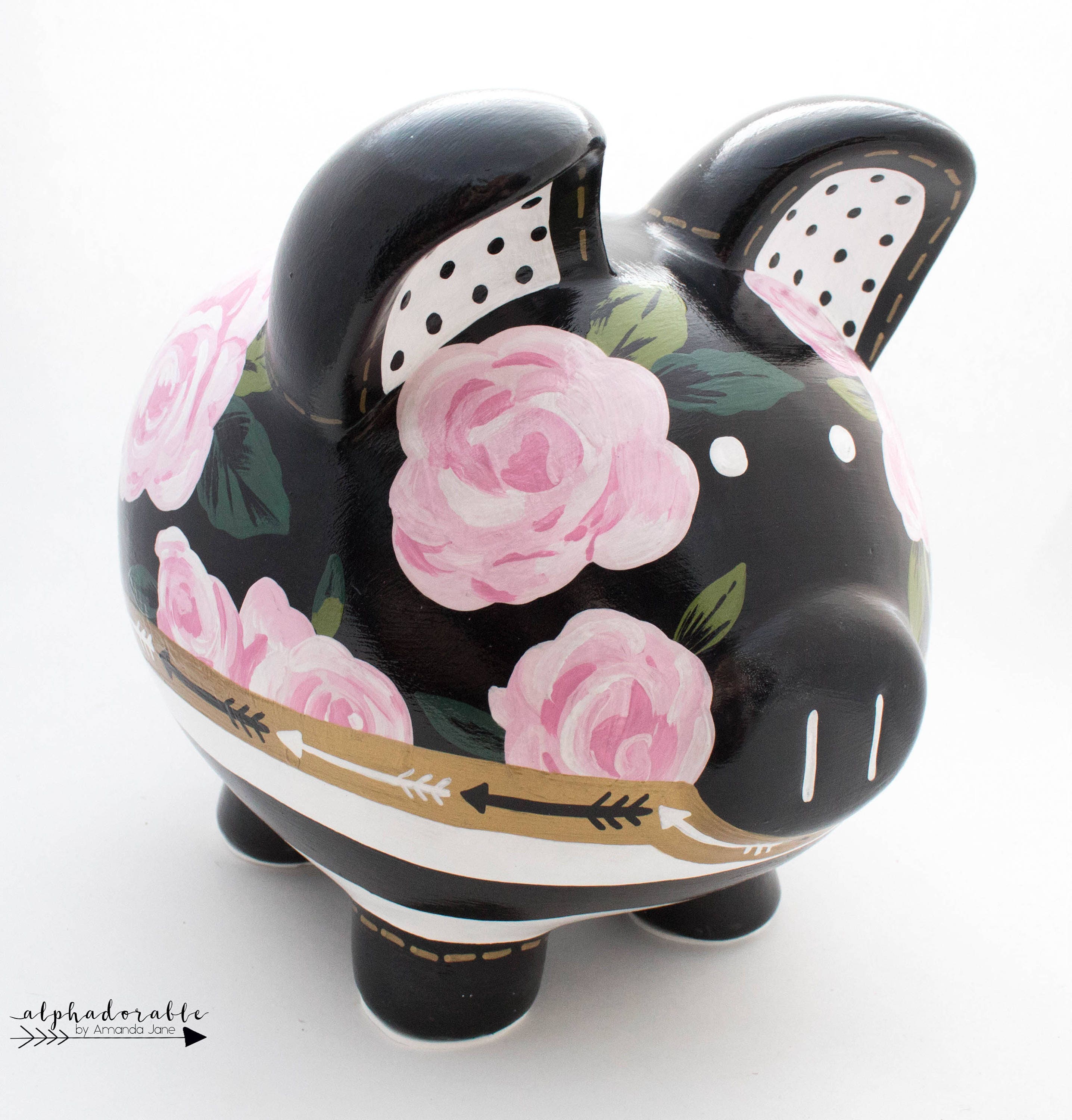 Floral and Arrow Personalized Piggy Bank in Black White Pink | Etsy