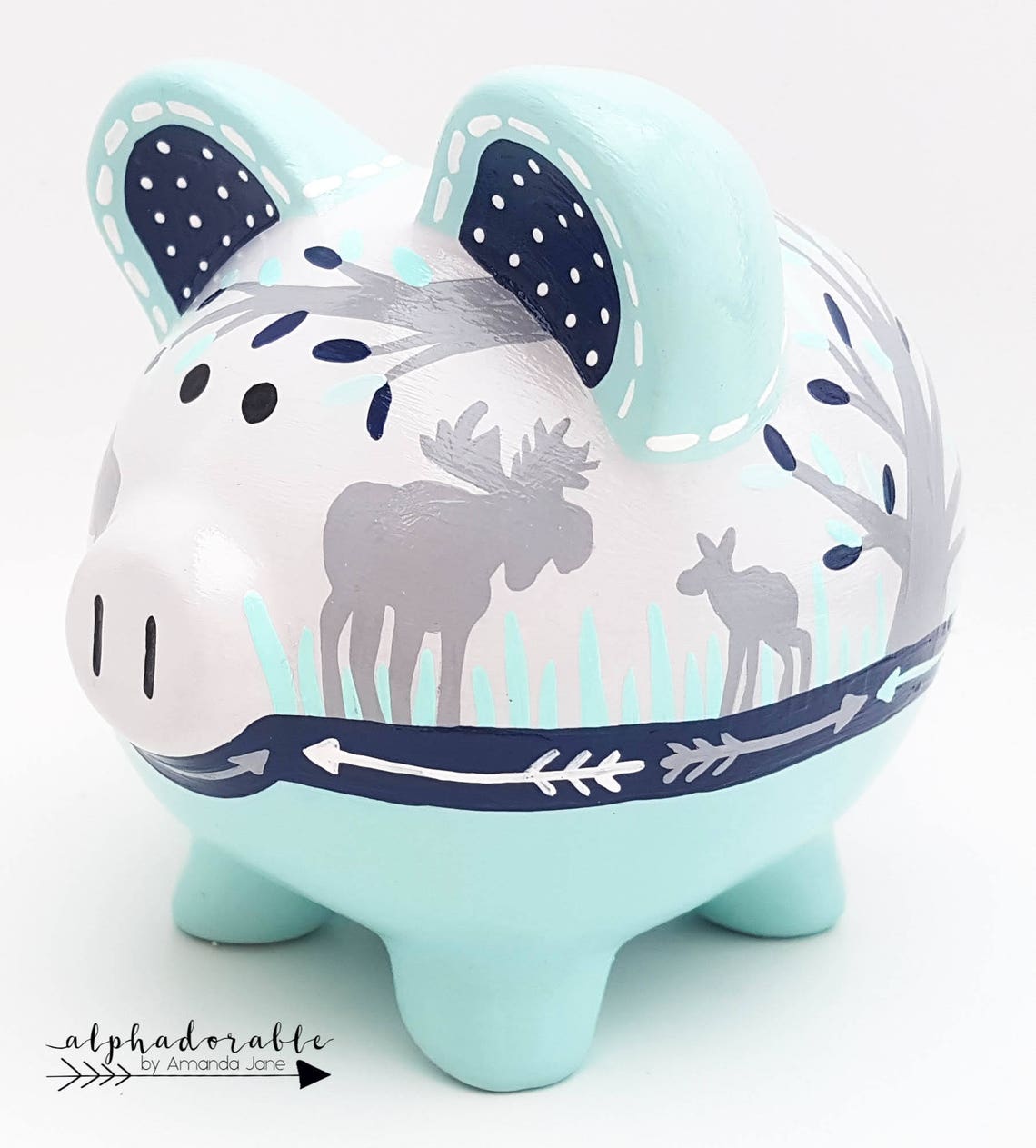 Moose and Arrow Personalized Piggy Bank in Navy Turquoise and Grey - Etsy