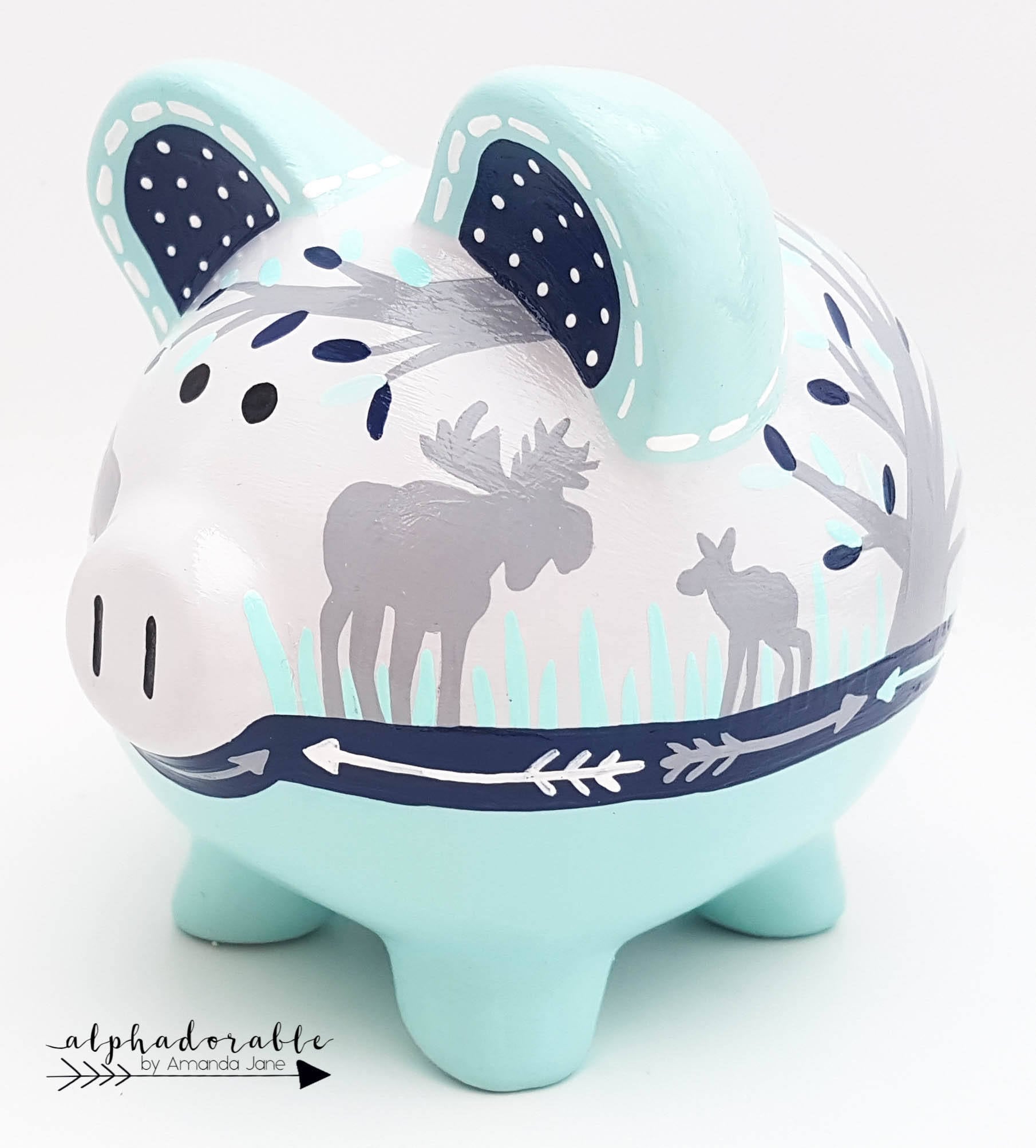 Moose and Arrow Personalized Piggy Bank in Navy Turquoise and Grey ...