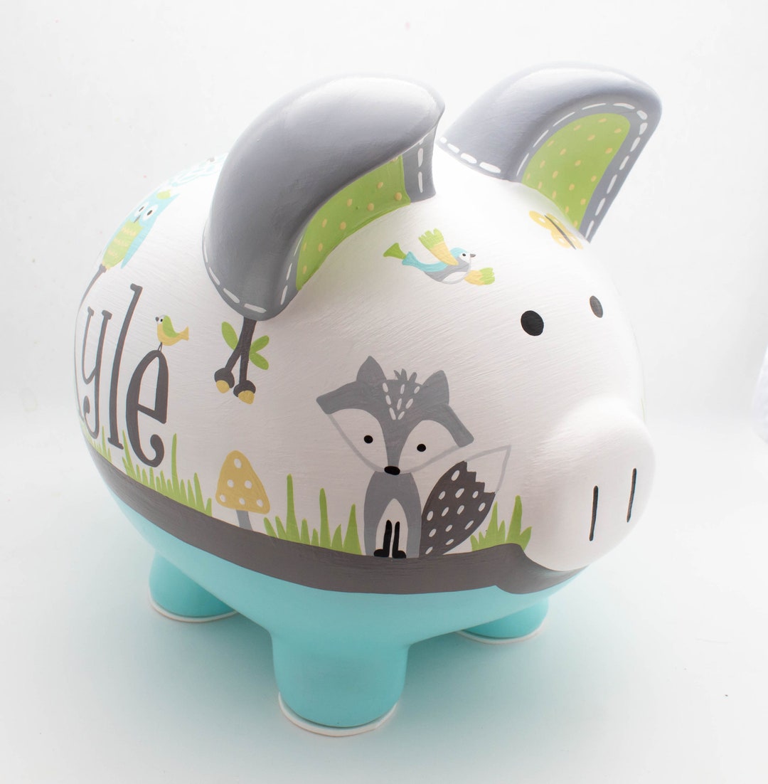 Woodland Animal Personalized Piggy Bank in Aqua, Turquoise, Green and ...