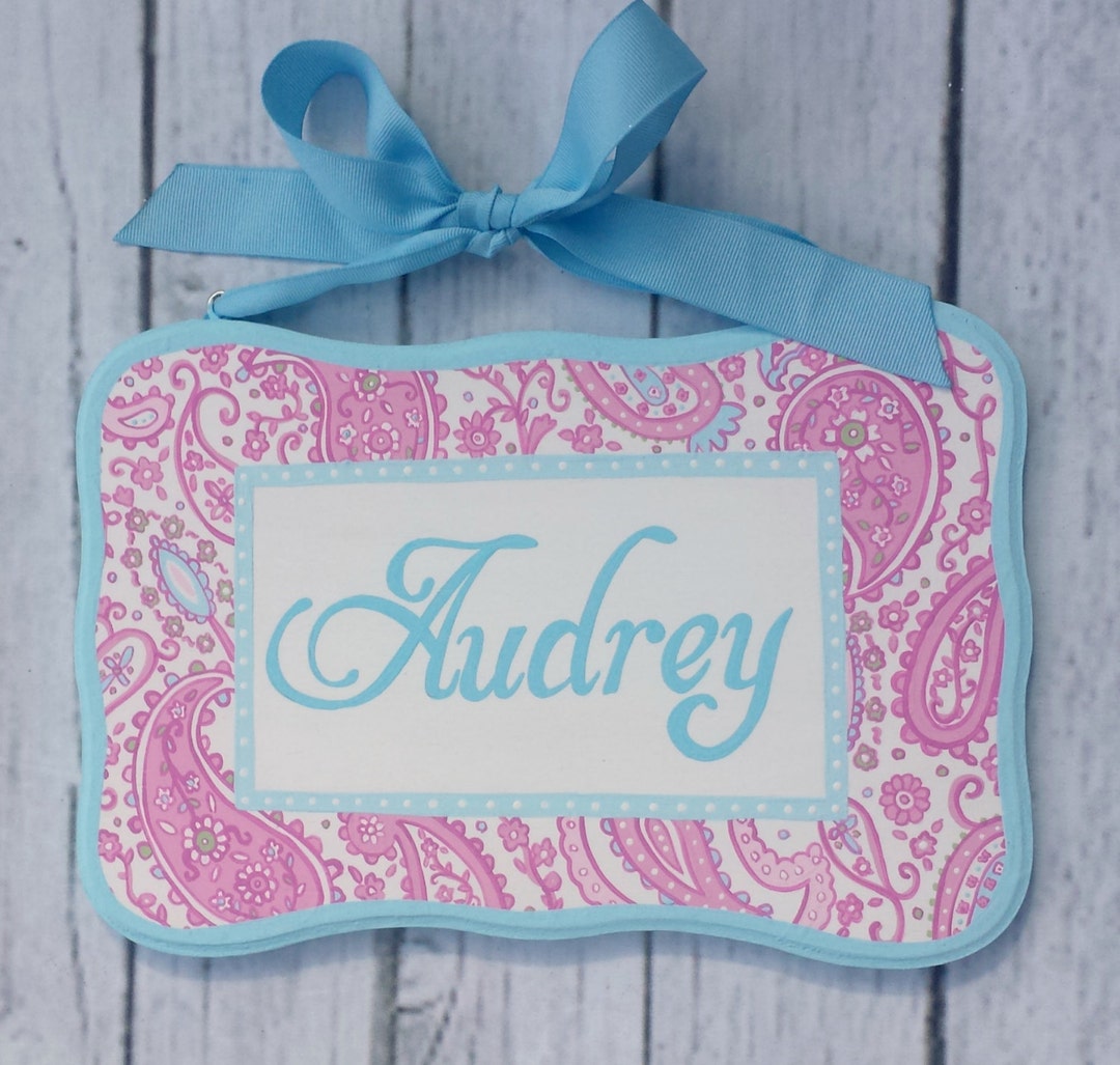 Paisley Nursery Name Sign - Kids Door Plaque - 6x10" - Pink and Blue ...