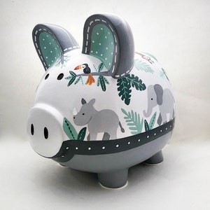 Jungle Personalized Piggy Bank in Grey, Green and Mustard Yellow | Baby ...
