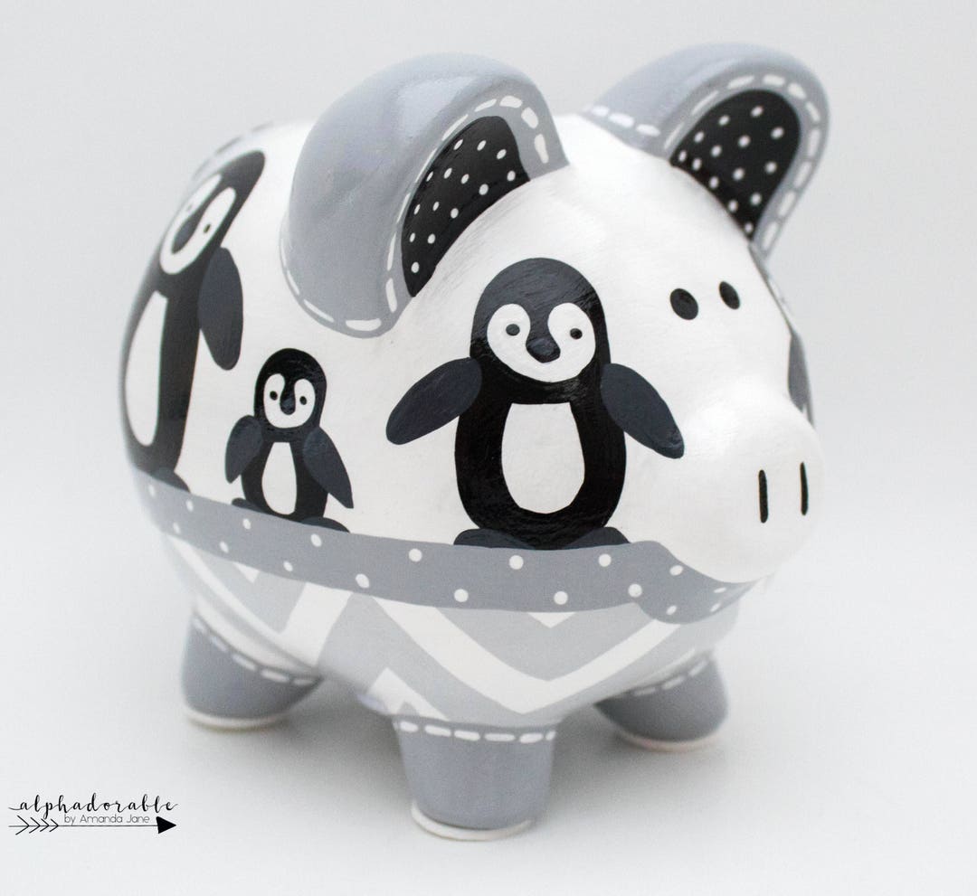Penguin Personalized Piggy Bank in Black, White and Grey - Etsy