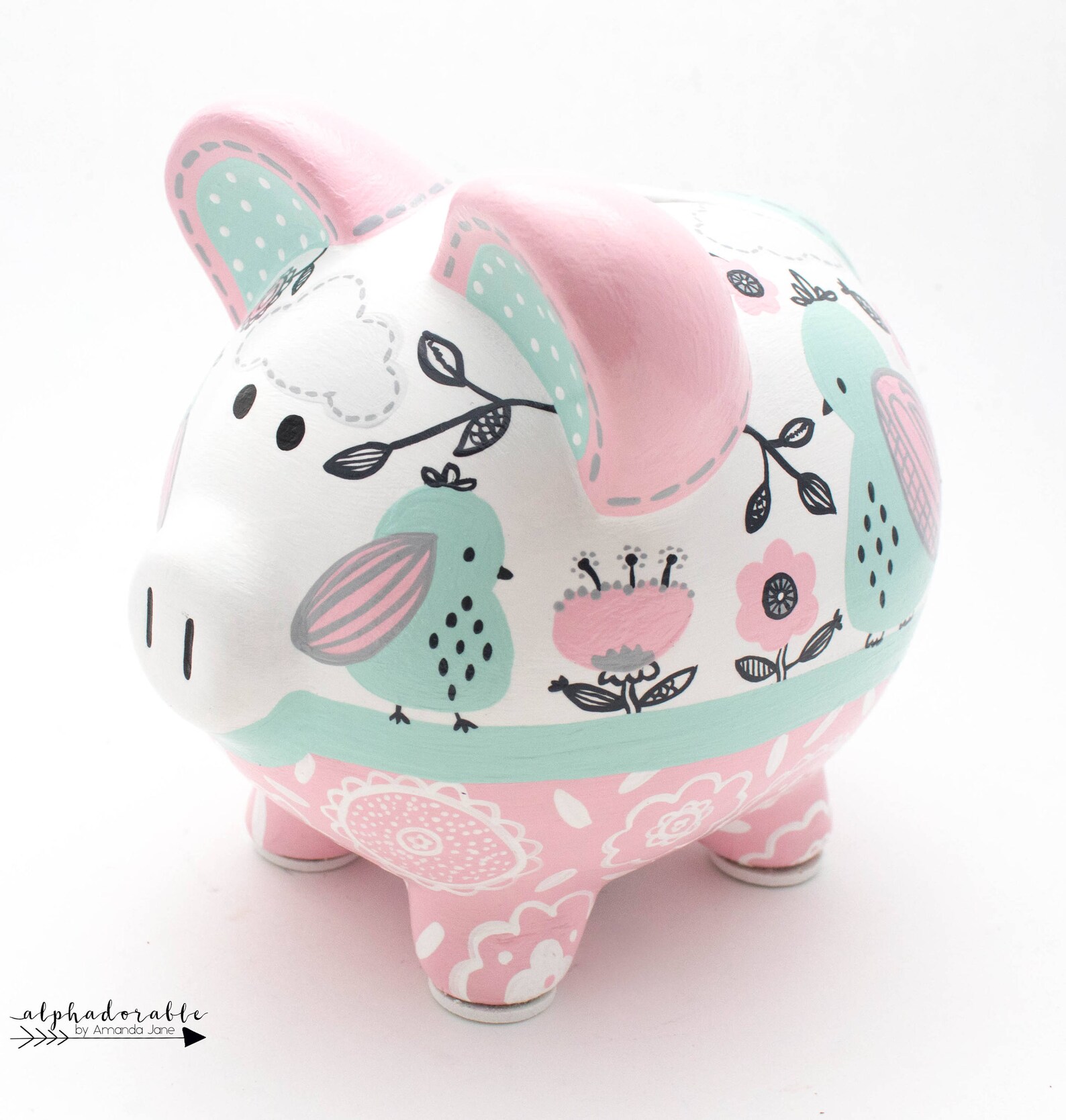 Whimsical Floral Birds Personalized Piggy Bank in Peach, Mint and ...